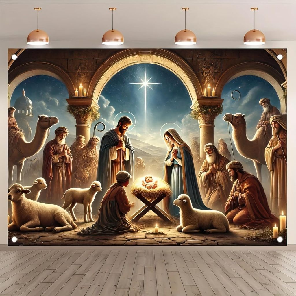 Christmas Banner Nativity Backdrop Scene Winter Banner Decorative Manger Display For Holiday ...