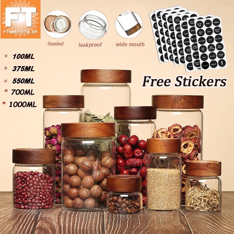 Acacia Wood Storage Jar Lid in Screw Cap Airtight Glass Jar Food ...