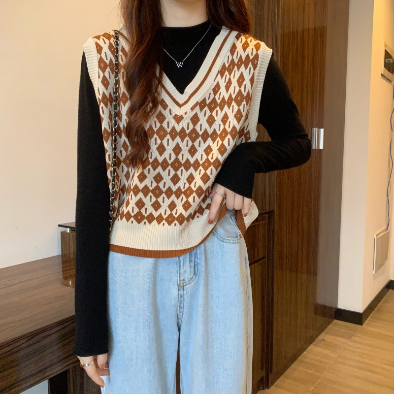 【Spot Goods】Plaid V-neck Vest Knitted Sweater Women's College Style ...