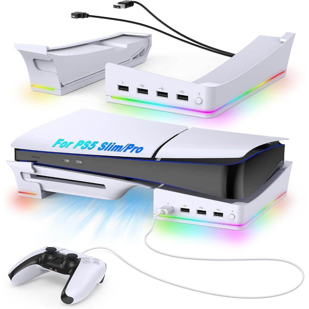 RGB Horizontal Stand for PS5 Pro/PS5 Slim Console with 14 Light Mode ...