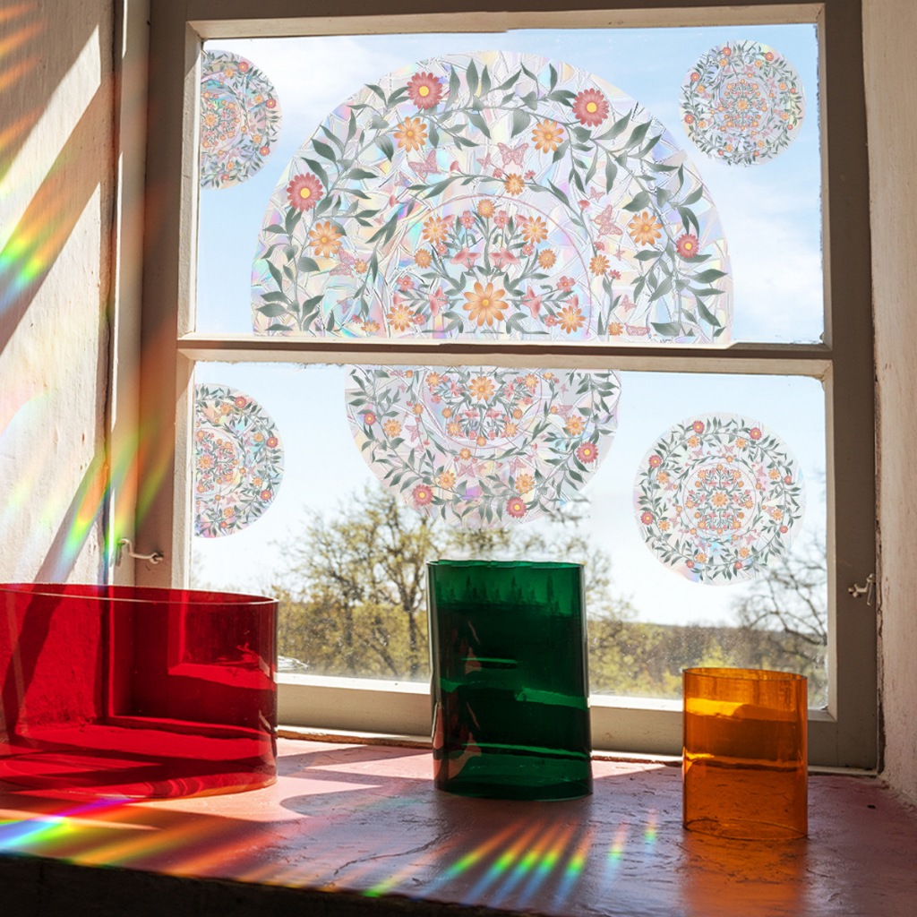 Round Floral Window Stickers Colorful Sunlight Electrostatic Stickers ...