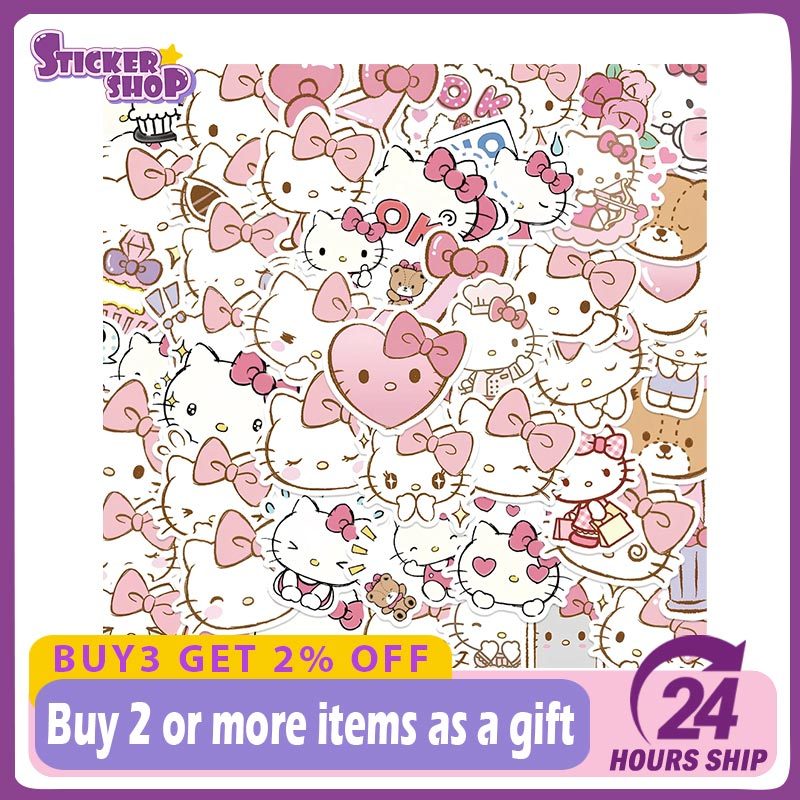 50PCS Cute Anime Pink Hello Kitty Stickers Sanrio Cartoon Decals ...