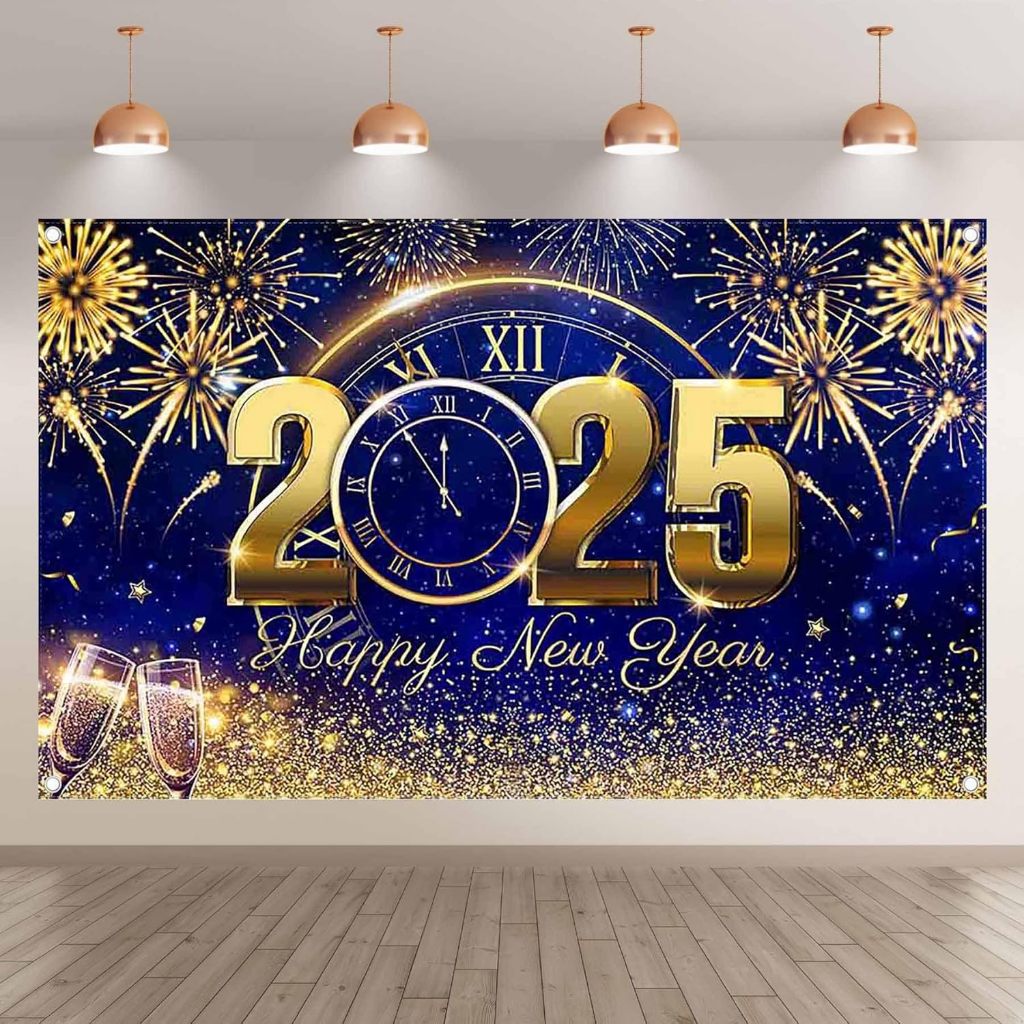 Polyester Fabric 2025 Happy New Year Backdrop Blue and Gold Glitter ...