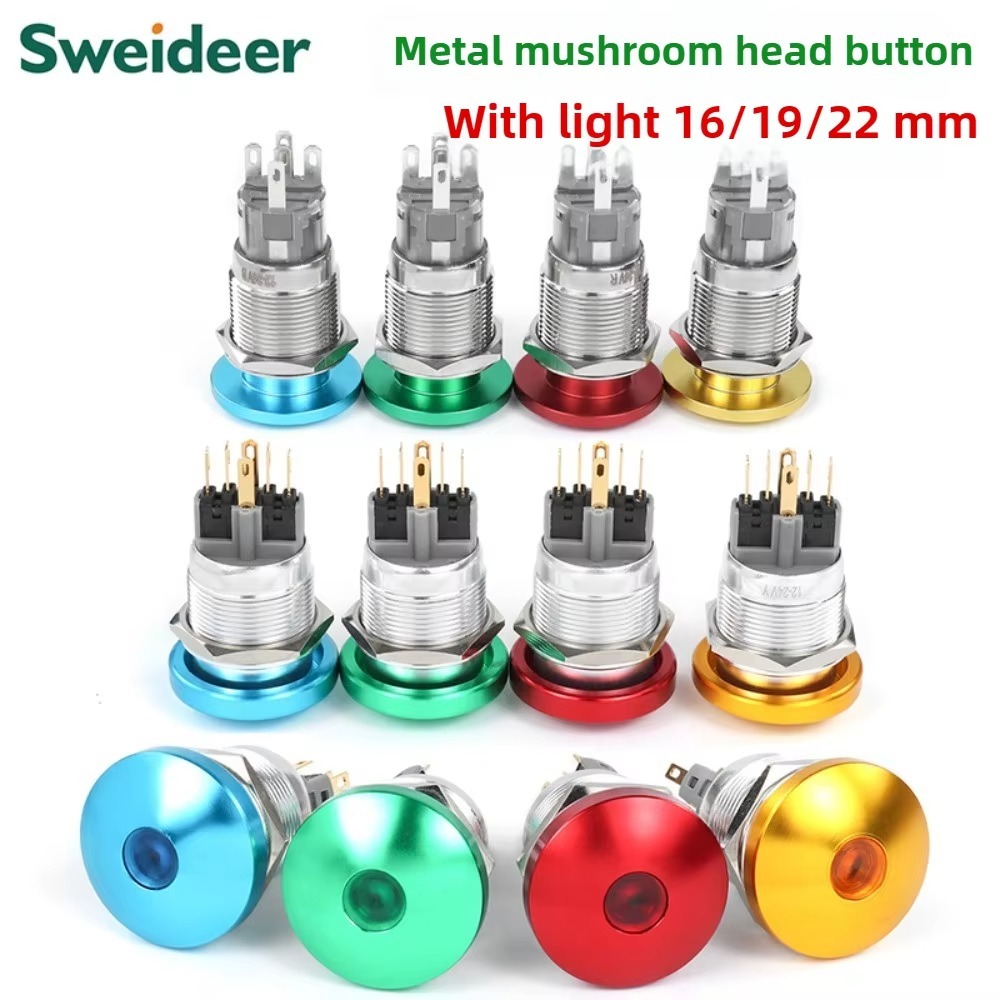 16/19/22mm Mushroom Head IP65 Waterproof Button Switch with Light Self ...