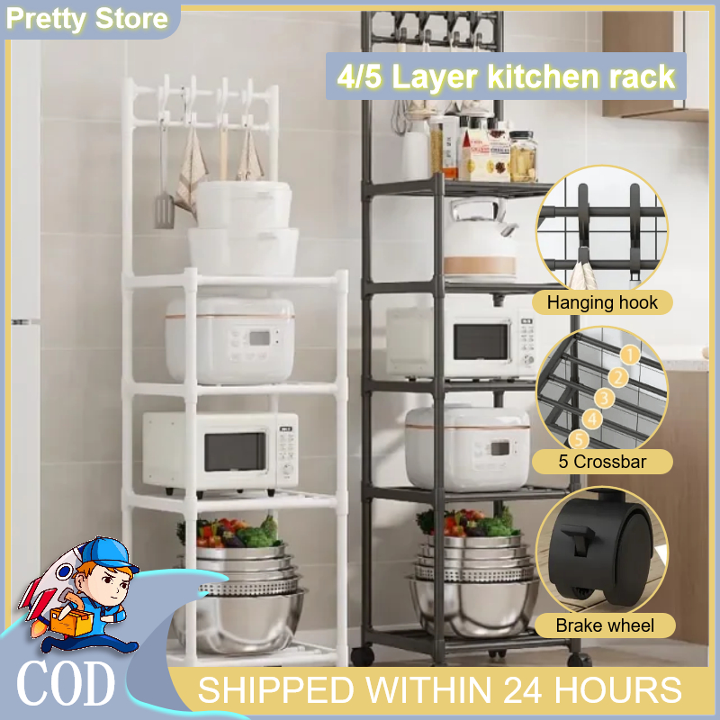 4/5 Layer kitchen rack with wheels hooks thicken stand rack Bathroom ...