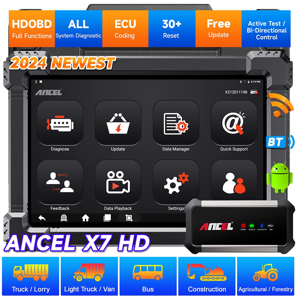 ANCEL X7 HD 12V 24V Original OBD2 Scanner Full System Truck Diagnostic ...