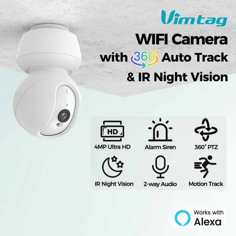 VIMTAG 2.5K WIFI Camera 360° Pan/Tilt Auto Track 2-Way Talk HD NIght ...