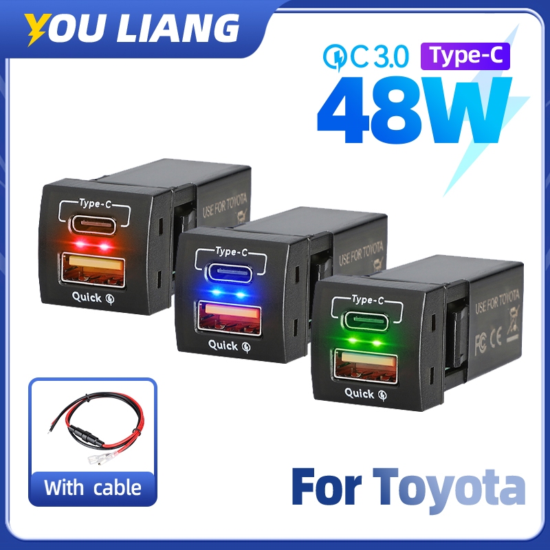 48W Fast Charger QC3.0 USB Type-C PD 12V For Toyota Corolla Car Mobile ...