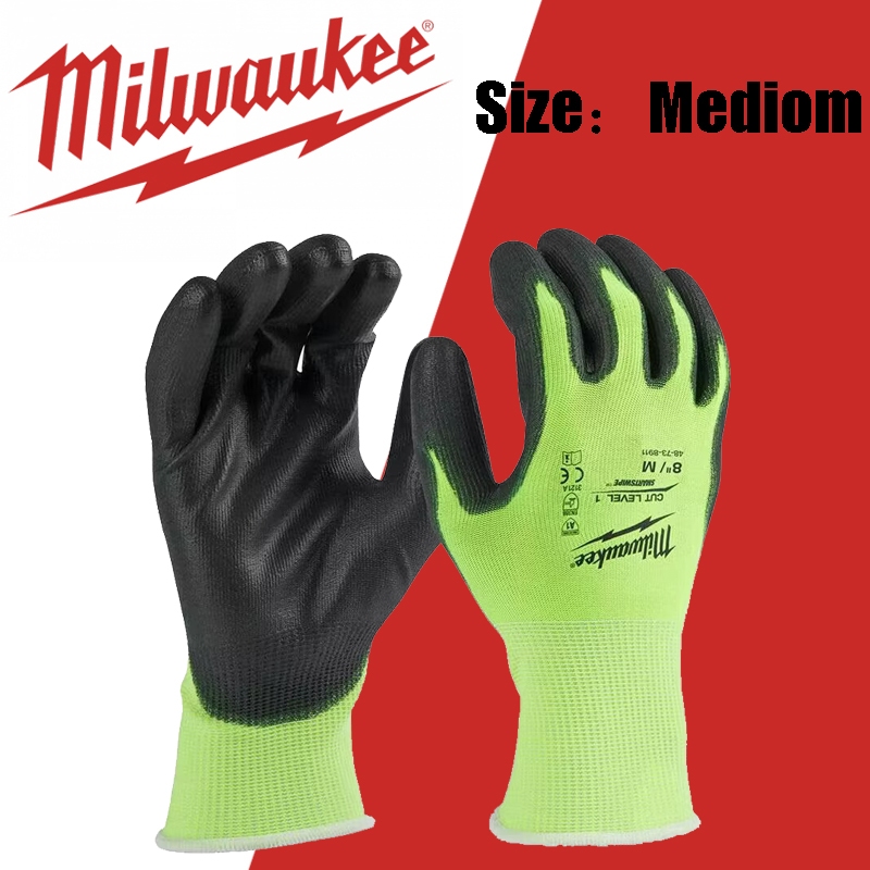Milwaukee High-Visibility ANSI Cut Level 1 Polyurethane-Dipped Gloves Protect Hands Non-Slip ...