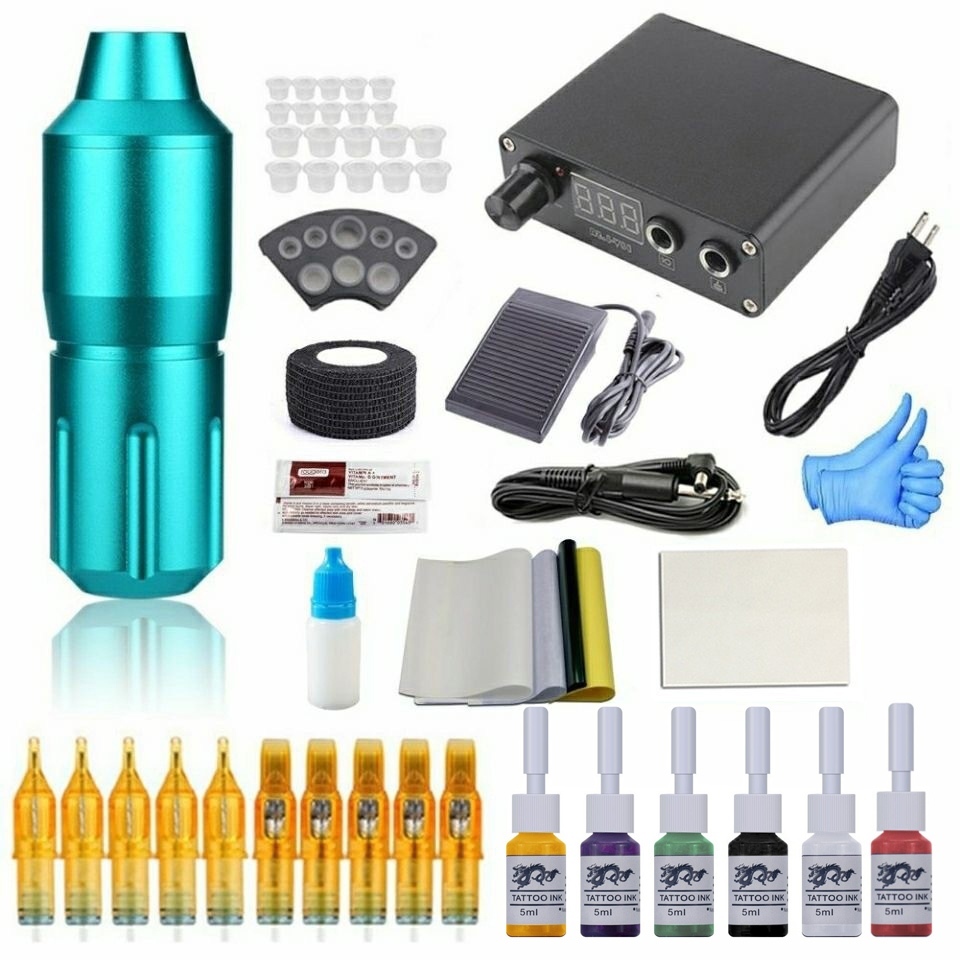 Beautiful Blue Short Tattoo Pen Kit with Power Supply and Multi Color ...