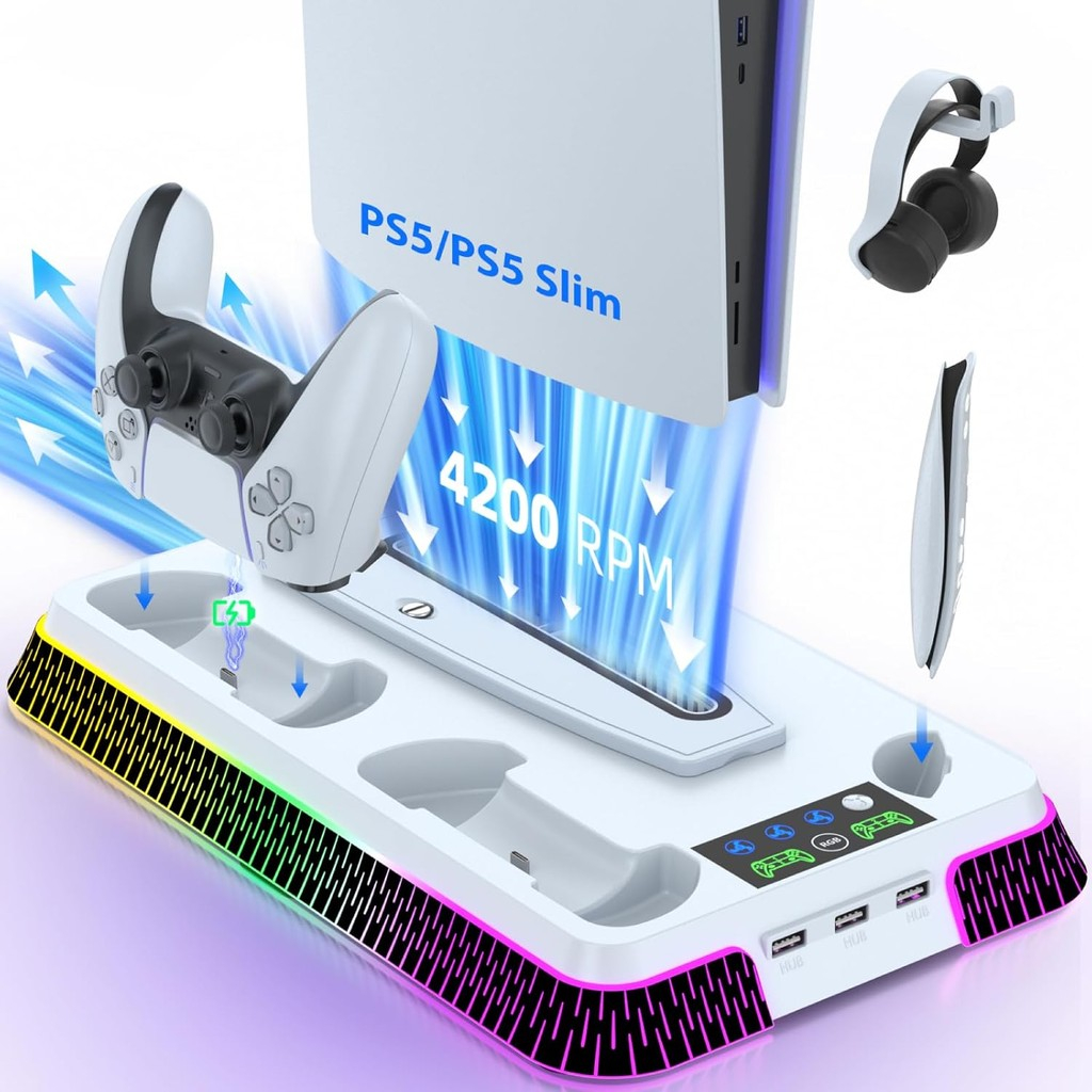 PS5 / PS5 Pro / PS5 Slim and Cooling Station with RGB LED, Controller ...