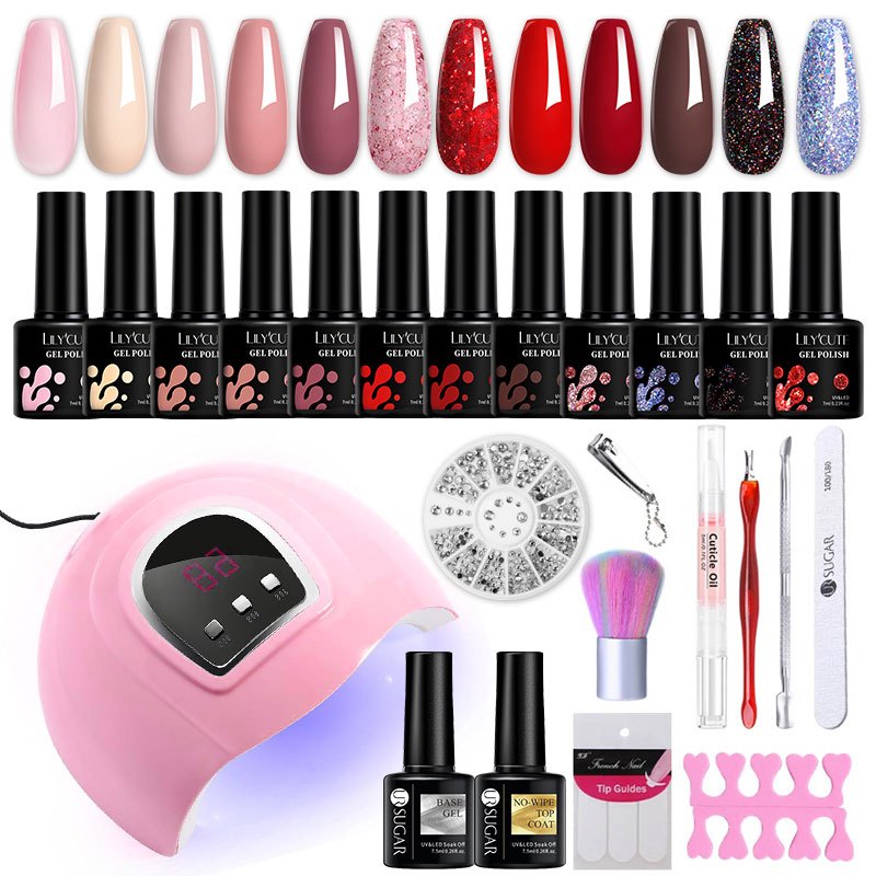 12 Colors Pink Red Nail Gel Polish Set with Nail UV Lamp Base Top Coat ...