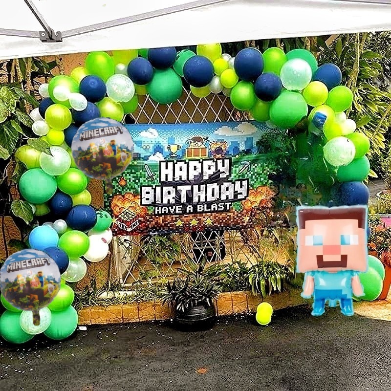 Minecraft Theme Balloon Garland Arch Kit Green Number Game Handle Foil ...