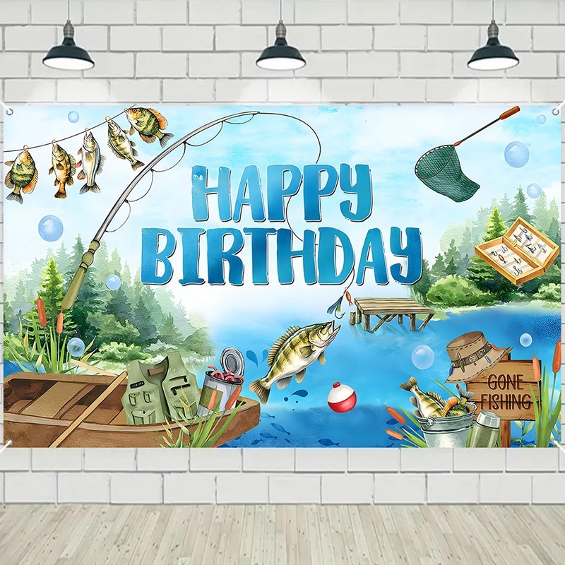 【New】1.5*1M Gone Fishing Birthday Banner Happy Birthday Backdrop ...
