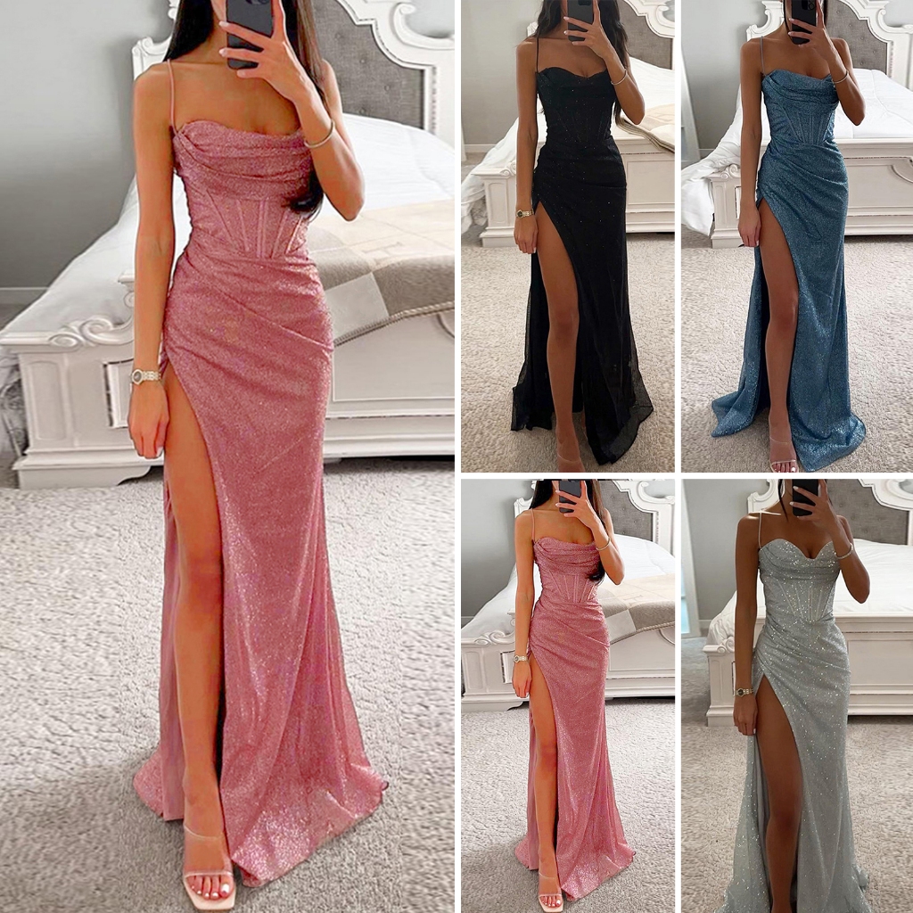 Women Evening Dress Shiny Sequin Sleeveless Off Shoulder Low-cut High ...