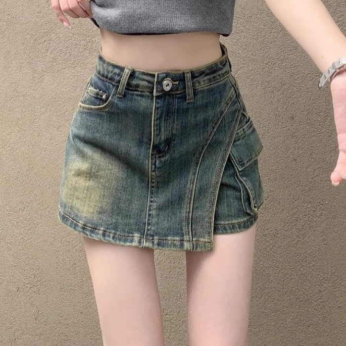 Weilan#Women Retro Denim Short Skirt Hot Girl High Waist Irregular Hip ...