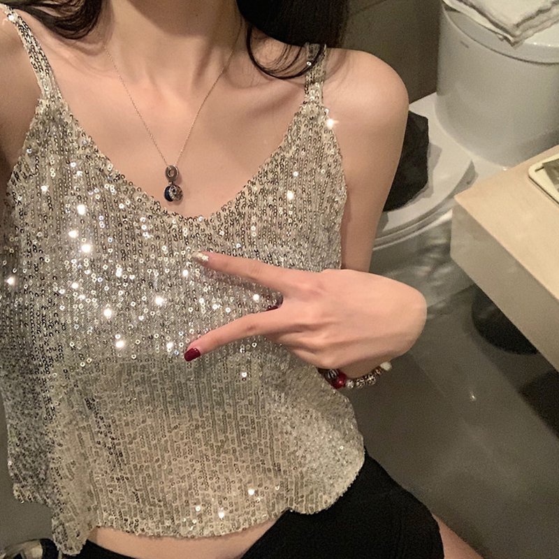 Women's Camisole Sequin V Neck Sleeveless Backless Solid Color Korean ...