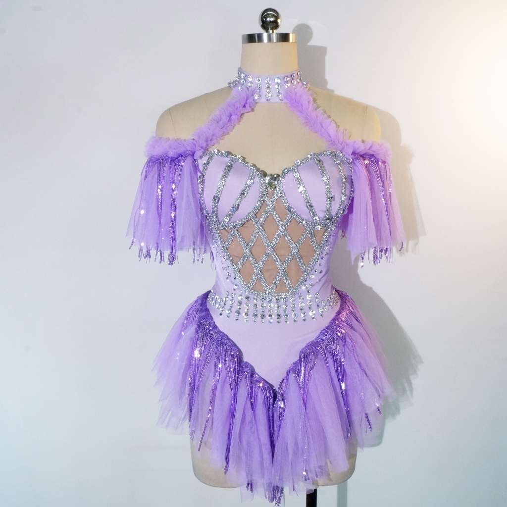 Women elastic Off-shoulder Rhinestone purple backless Bodysuit ...