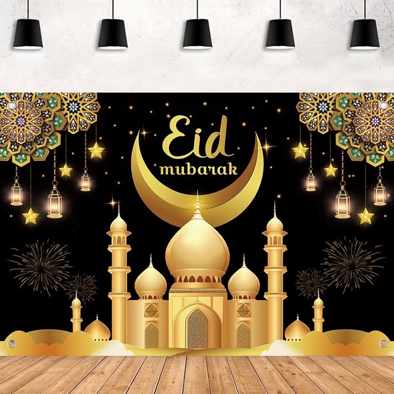 100*150cm Black Gold Eid Mubarak Banner Hari Raya Decorations 2025 ...