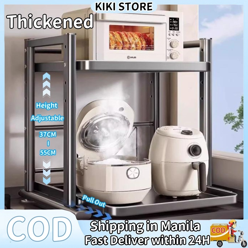 Microwave Shelf Rack Pull Out Rack with Hooks 2 Layer Kitchen Racks ...