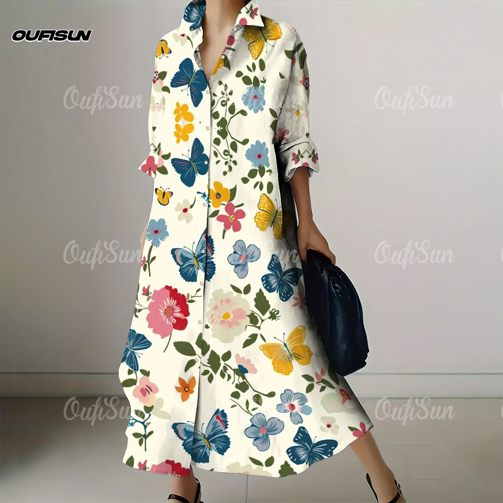 Women's all-over butterfly floral print shirt dress, Hawaii beach travel dress, 2025 fashion ...
