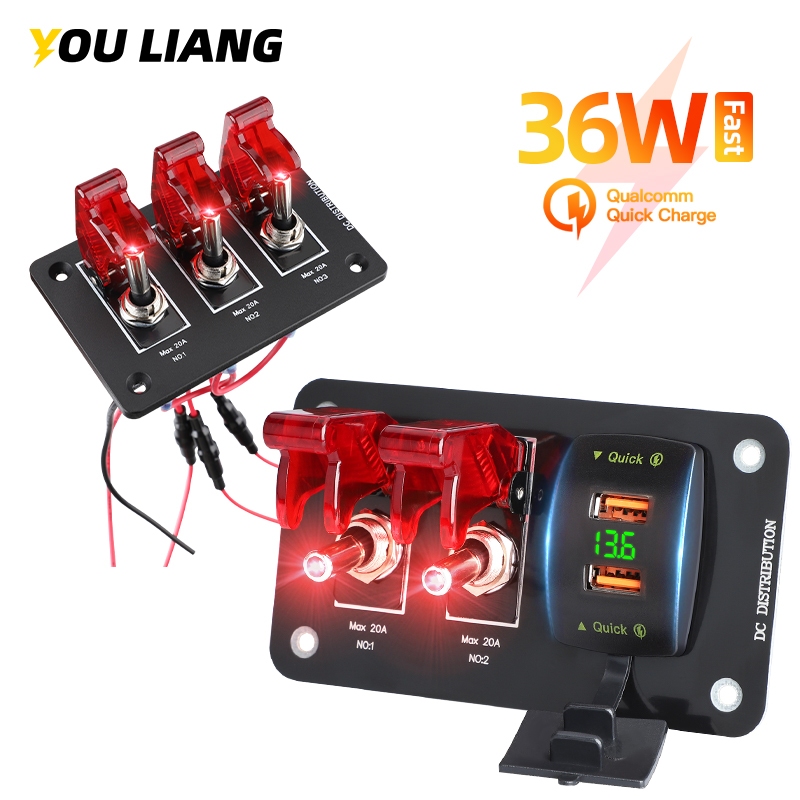 36W QC 3 Gang Heavy Duty Rocker Toggle Switch Panel 12V 20A Red Cover ...