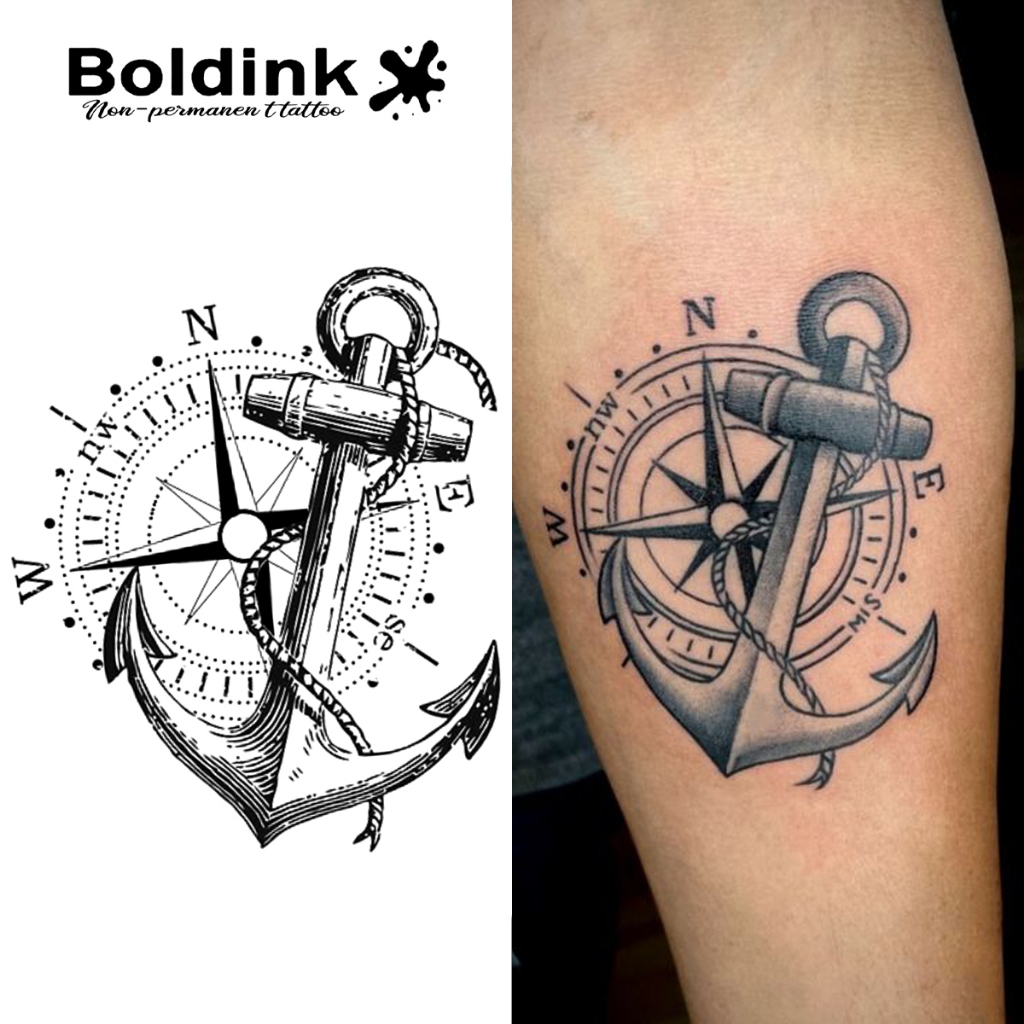 Compass Ship Anchor Temporary Herbal Tattoo, Waterproof Realistic ...