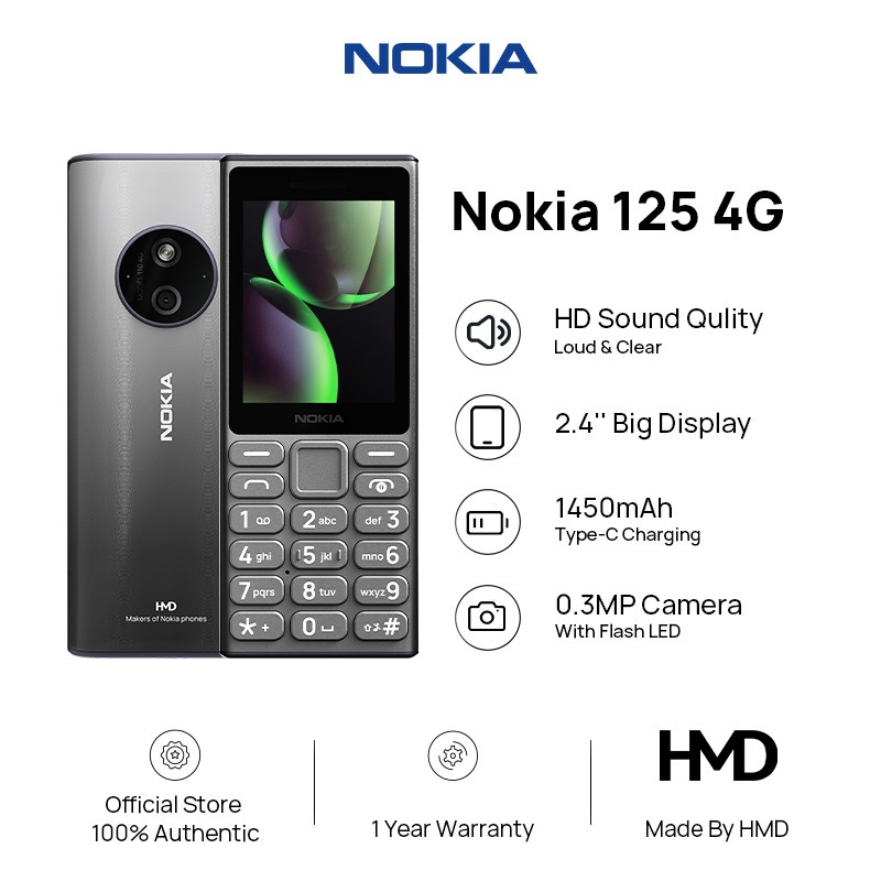 Nokia 125 4G Basic Phone Original 2.4'' Dispaly Type-C Rear Cam with ...
