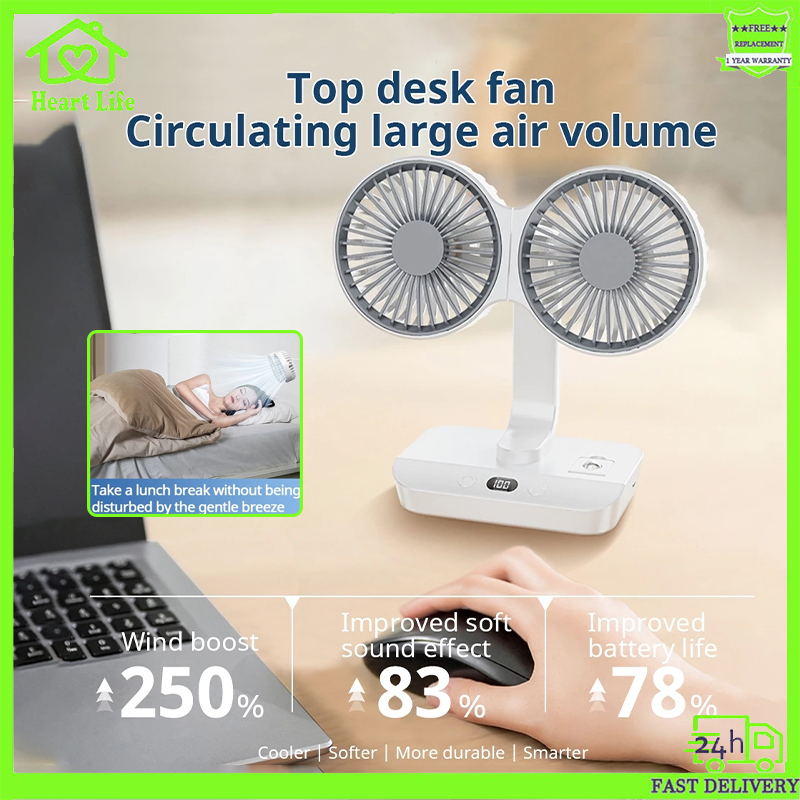 LED Display Dual Head Fan Oscillating 4000mAh Rechargeable Double ...