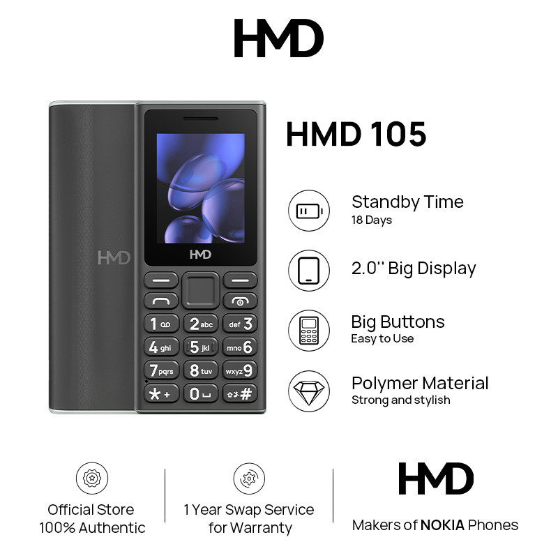 HMD 105 Basic Keypad Phone 1.8'' Display Dual Sim 18 Days Long Standby 1 Year Warranty | Shopee ...