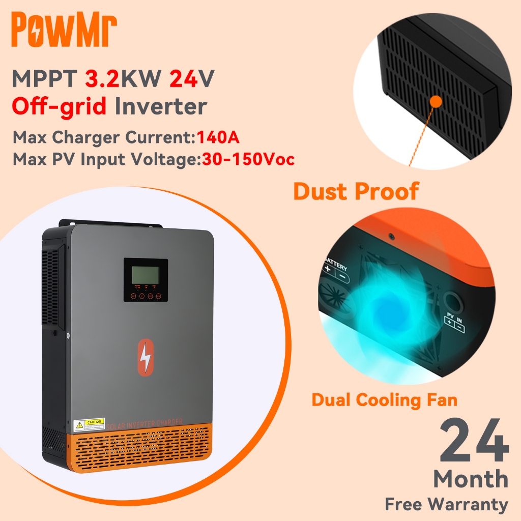 PowMr 3.2KW 24V Hybrid Inverter 30-150Vdc Pv Input Bulit In 140A MPPT ...