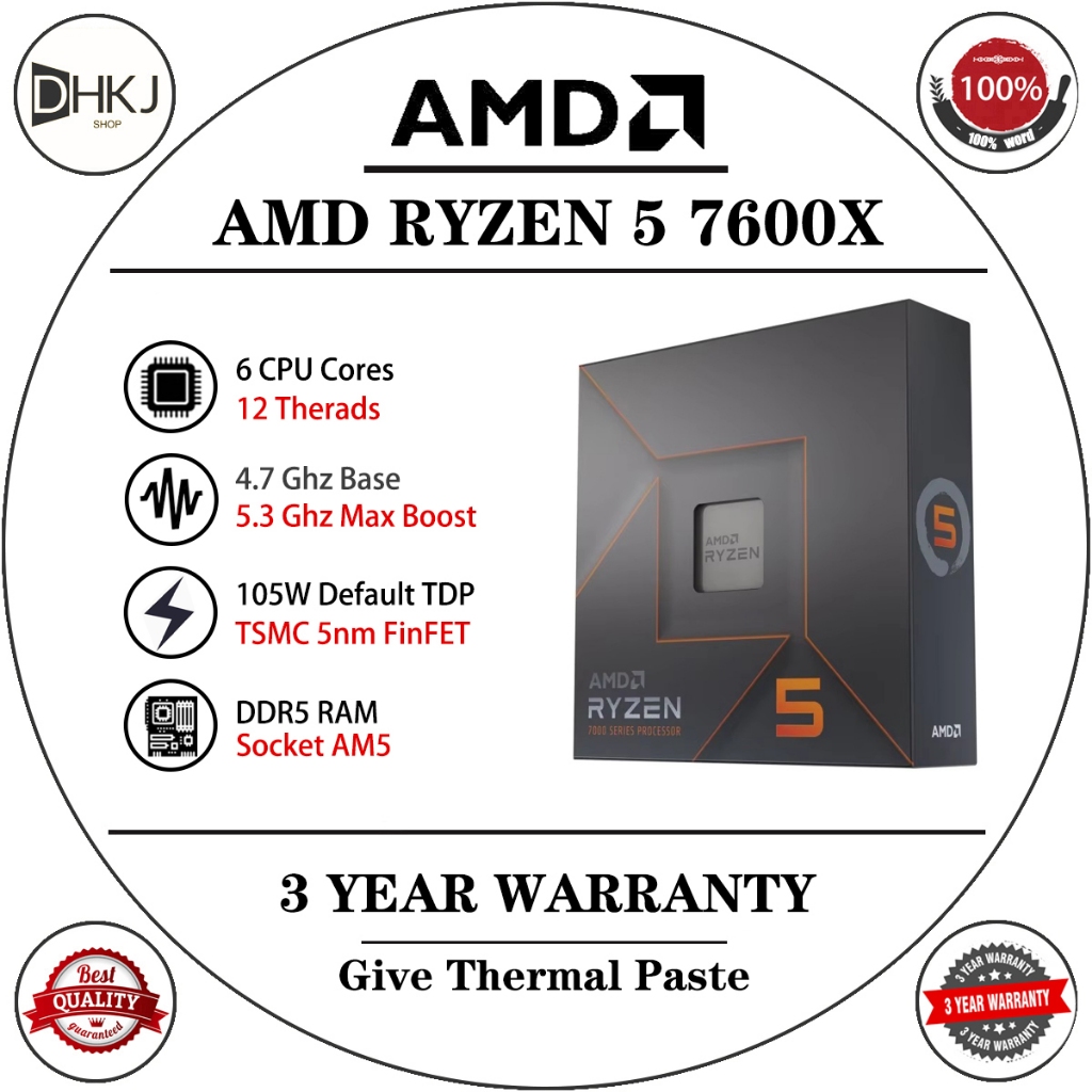 New AMD Ryzen 5 7600X R5 7600X 4.7 GHz 6-Core 12-Thread 5NM L3=32M ...