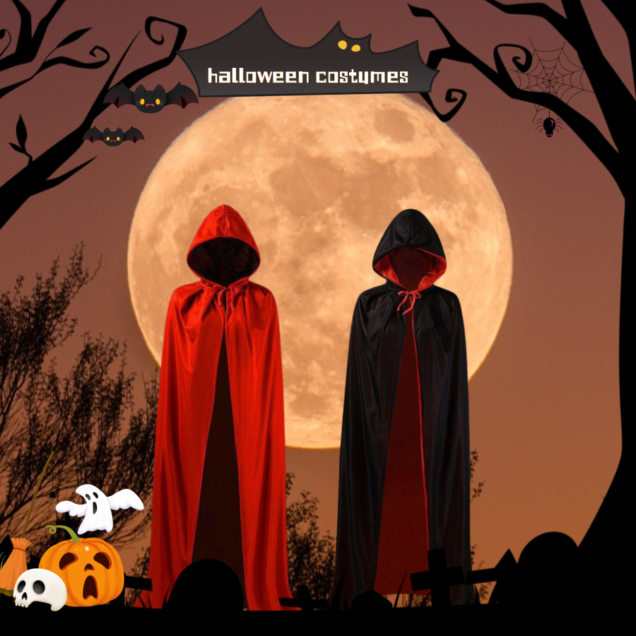 Halloween COS Long Double layered Cloak unisex Black and Red Hooded ...