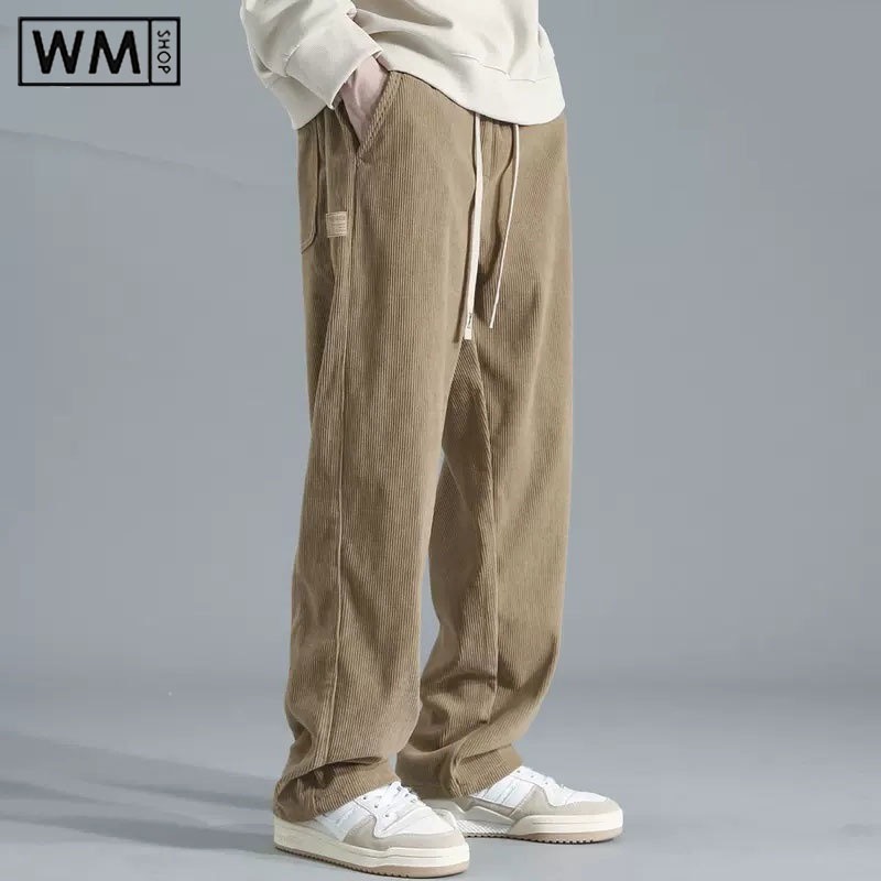 Corduroy Pants For Men Stripe Texture Korean Khaki Baggy Straight Cut ...