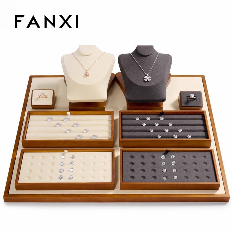 Fanxi Wooden Jewelry Display Set Diamond Pearl Display Tray Ring ...
