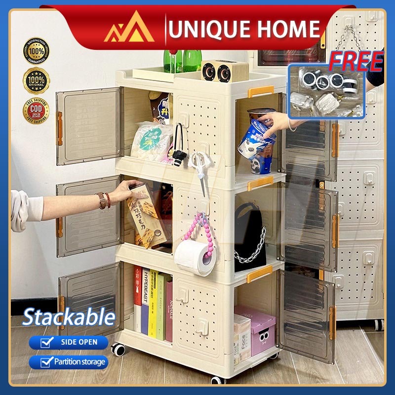 Home Organizer Bookshelf Partition Storage 3-layers Storage Cabinet with Wheels Storage Box Side ...