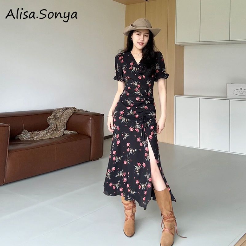 Alisa.sony Tea Break French Temperament Black Floral Dress Women ...