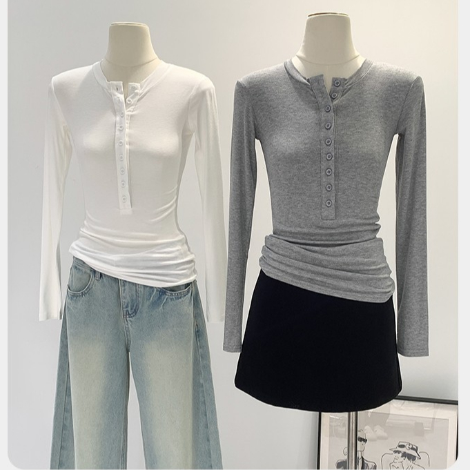 82289 Round Neck Button Slim-fit Long-sleeved T-shirt Bottoming Shirt ...