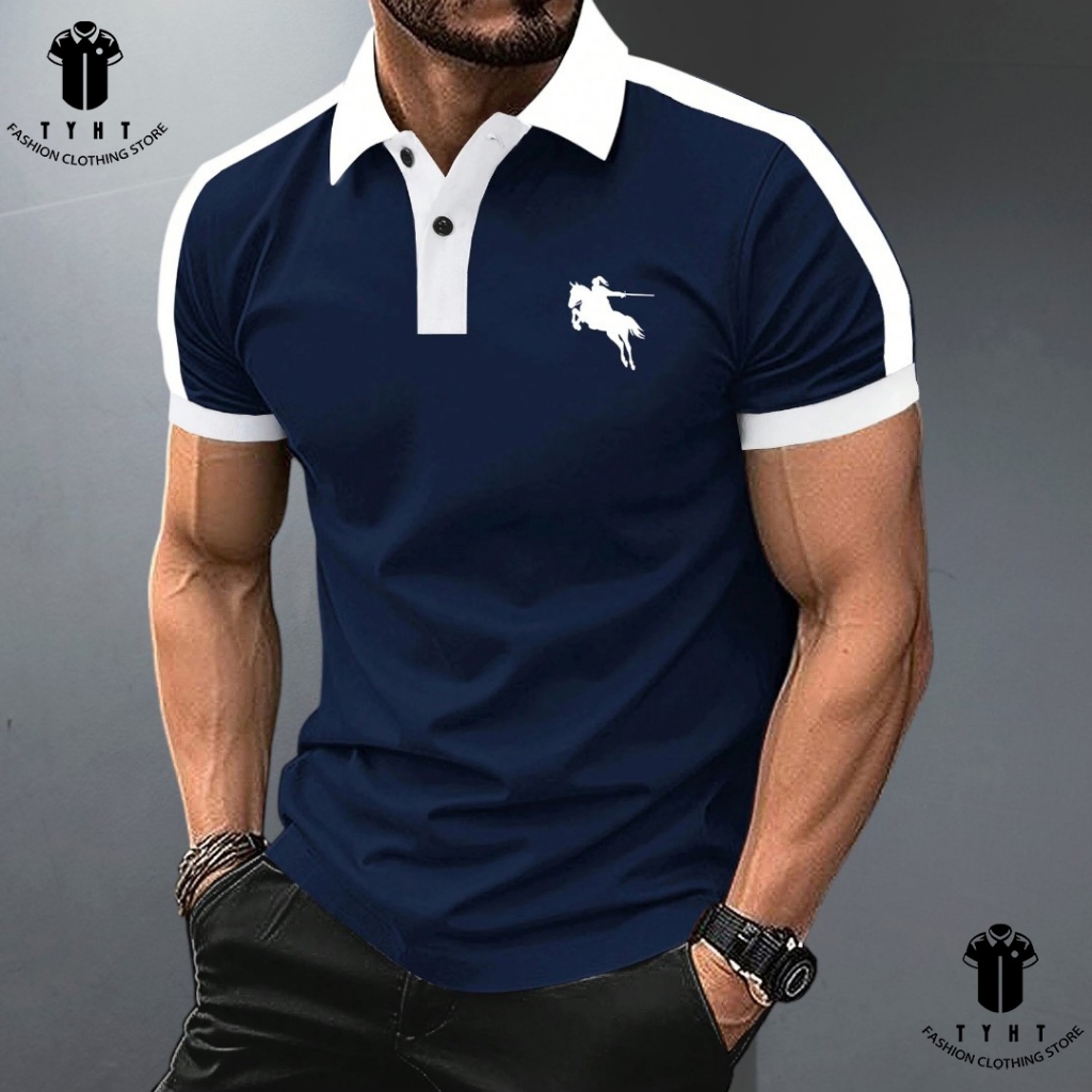 TYHT - Full sublimation Polo for Men Formal Horse Print Contrast Trim ...
