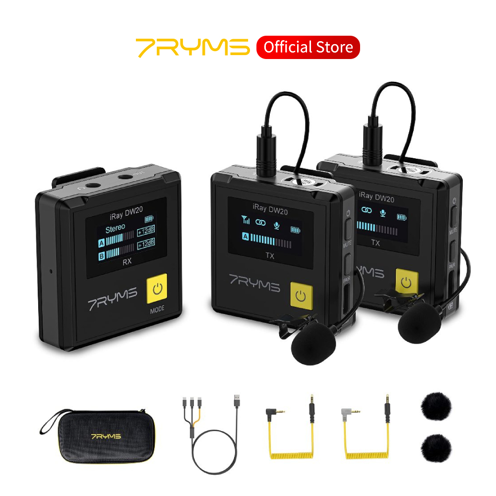 7RYMS iRay DW20 Wireless Lavalier Microphone with Intelligent Denoise, 2.4G Dual Wireless Lapel ...