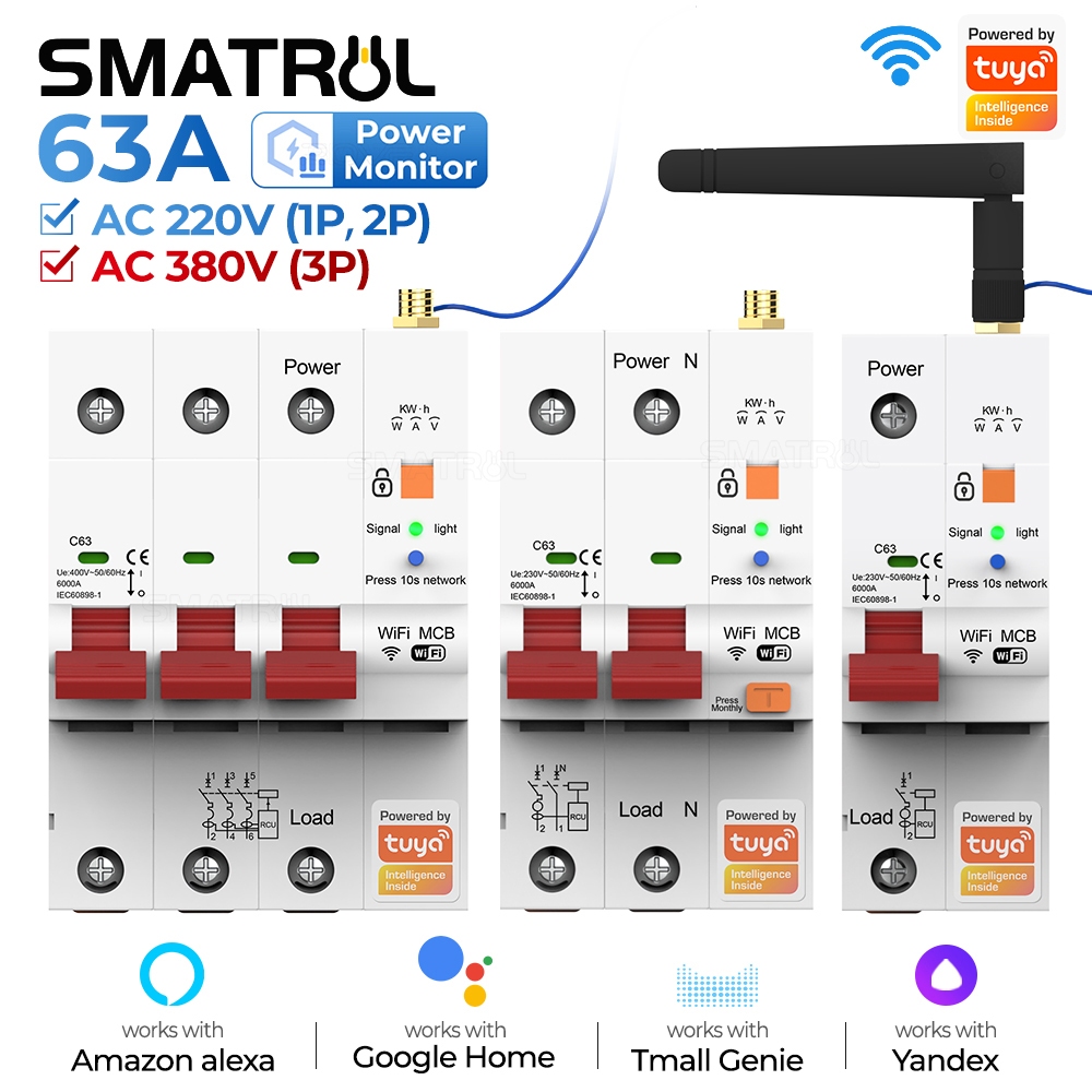 SMATRUL 63A Tuya Wifi Smart Circuit Breaker 1/2/3 Pharse Short Circuit ...