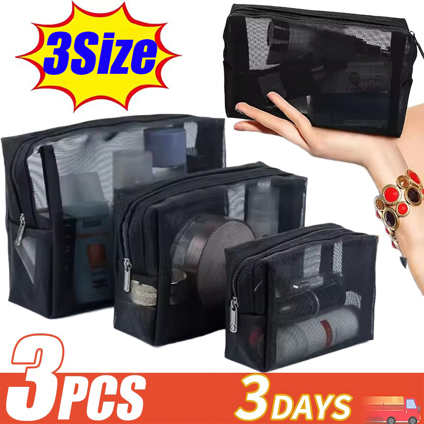 3Sizes Black Mesh Makeup Bag / Portable Travel Transparent Cosmetic ...