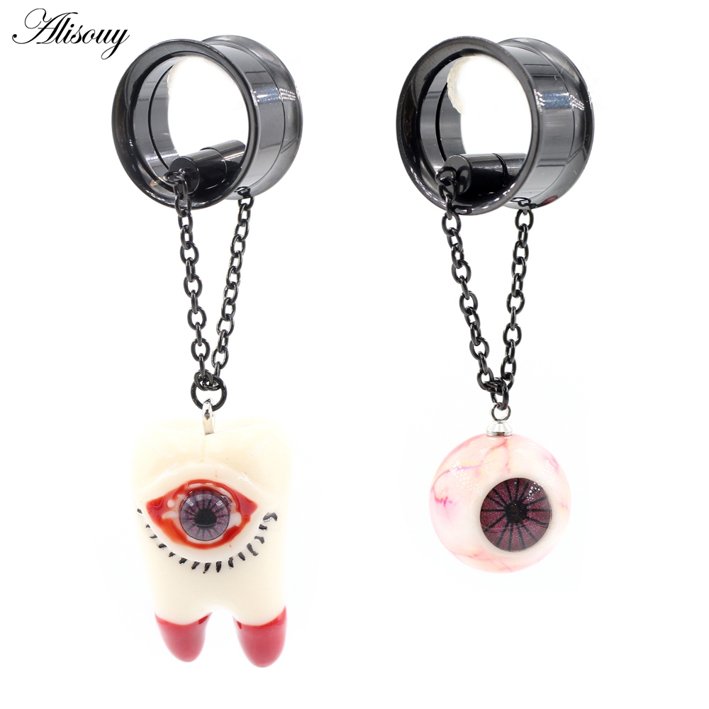 Alisouy 1 Piece Stainless Steel Chain Tooth Eyeball Pendant Ear Tunnels ...