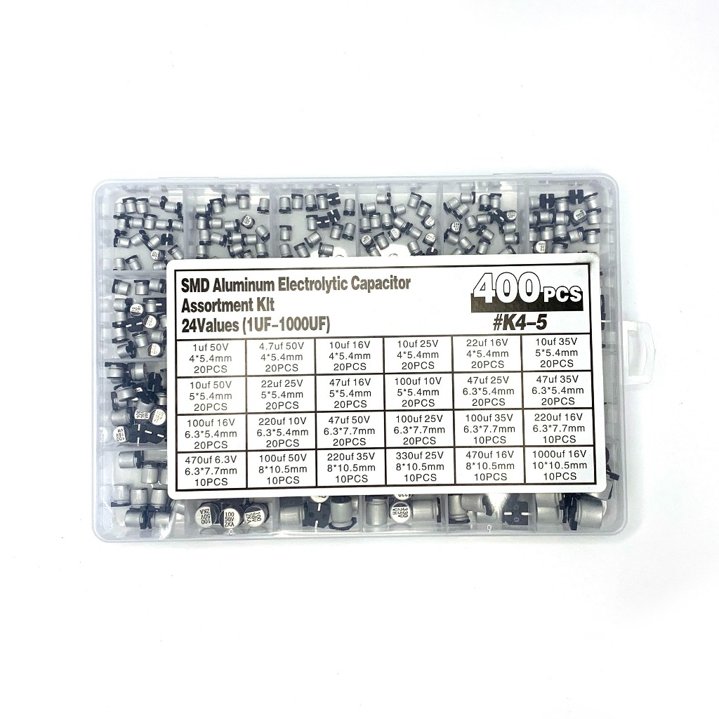 400pcs 1uF-1000uF 24 Values Electrolytic Capacitor Assorted Kit Box SMD ...