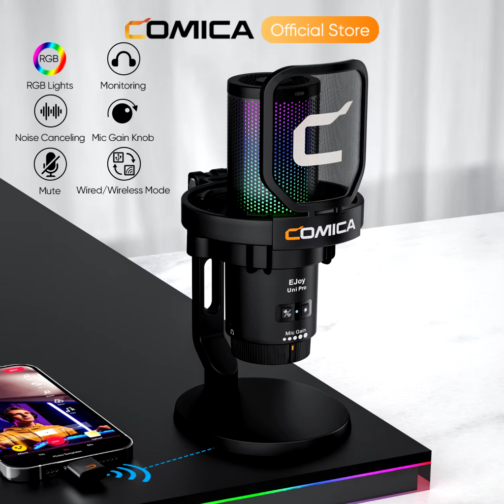 COMICA EJoy Uni Pro Wireless USB Microphone - Built-in Sound Card RGB ...