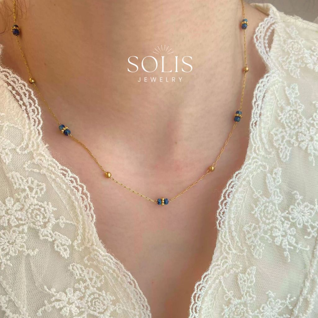 Vintage Blue Glass Beaded Chain Necklace • Waterproof Non Tarnish • 18K ...