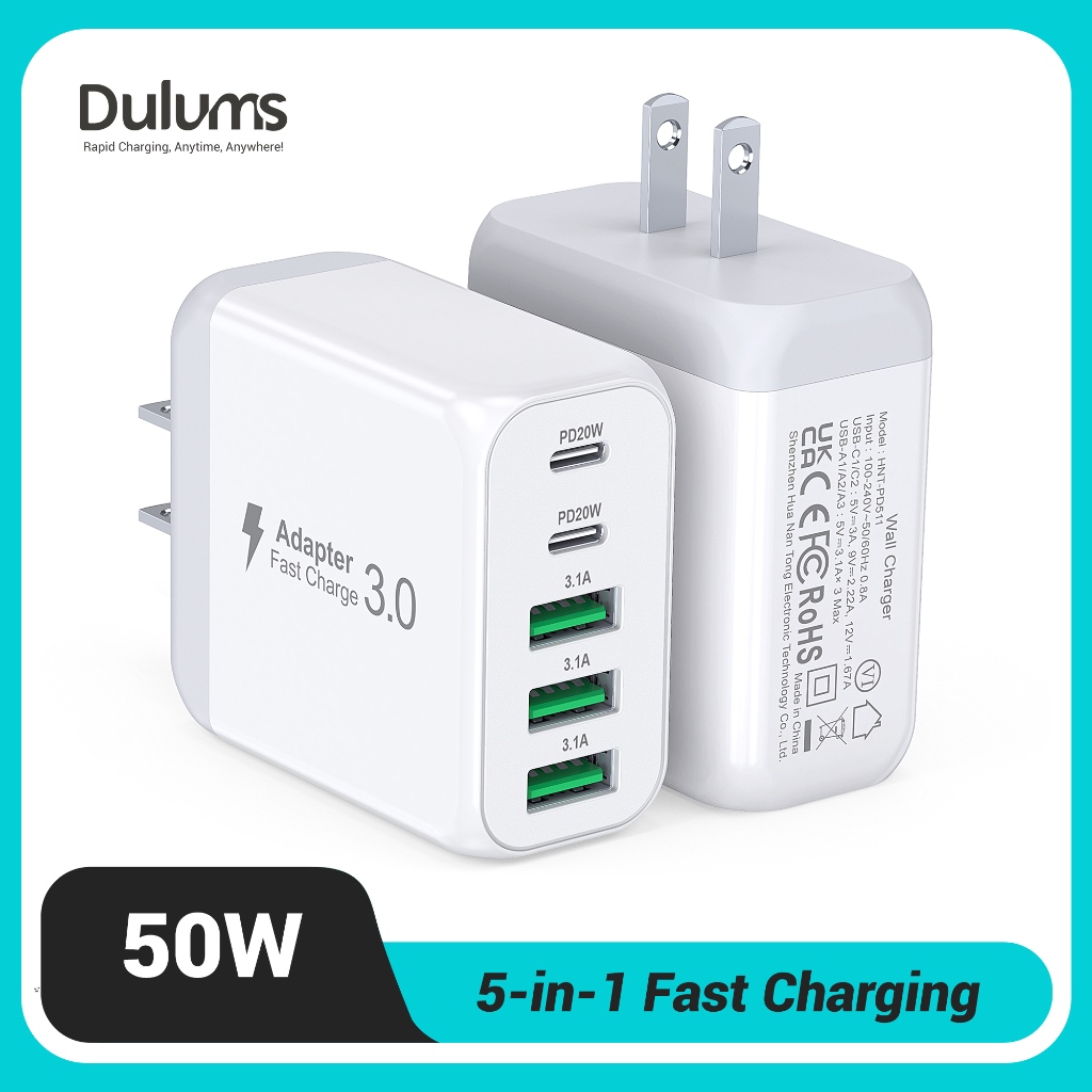 50W USB C Wall Charger Block, 5-Port Type C Fast Charging Brick Dual PD ...