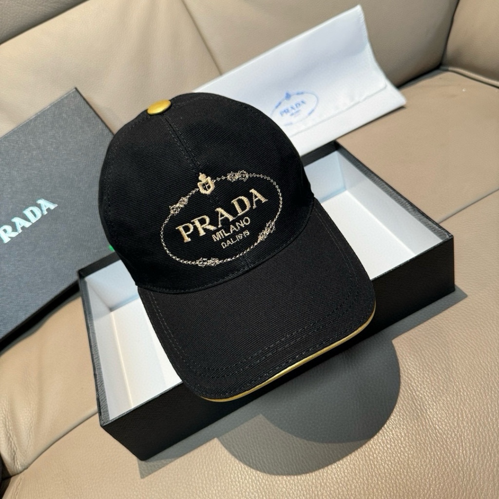 Prada Men Women Gold Thread Embroidered Black Baseball Cap | Shopee ...