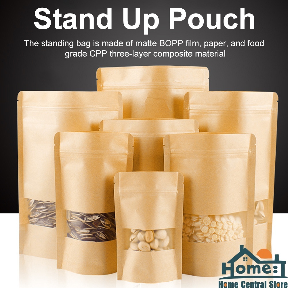 100 Pcs Brown Kraft Stand Up Pouch Resealable Plastic Paper Packaging ...