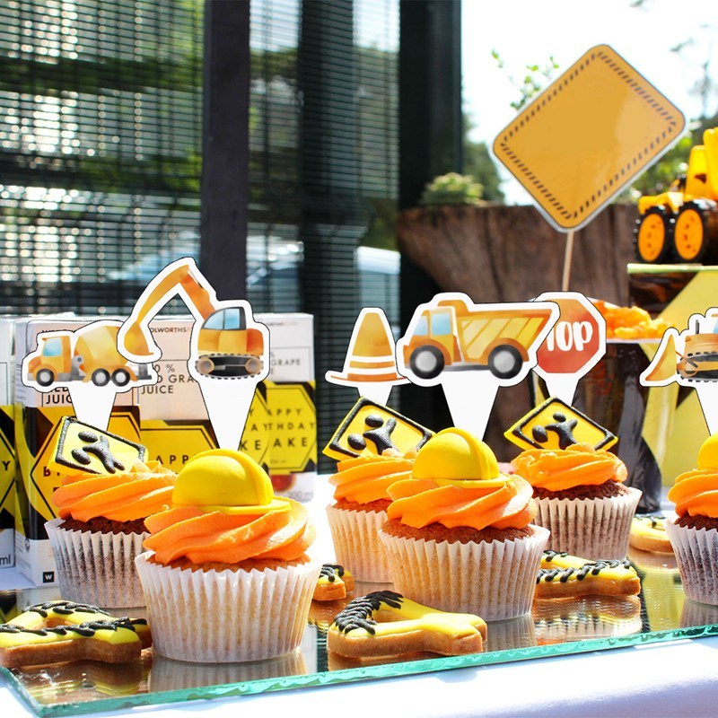 24PCS Construction Theme Cupcake Toppers Set Birthday Decorations ...